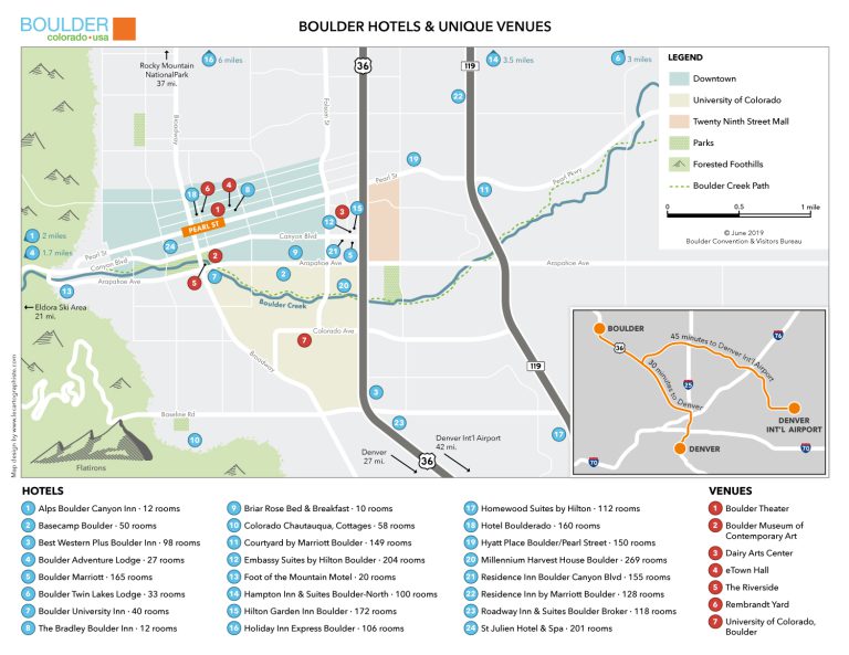 Boulder hotels and venues map - Greg Franco - Le Cartographiste