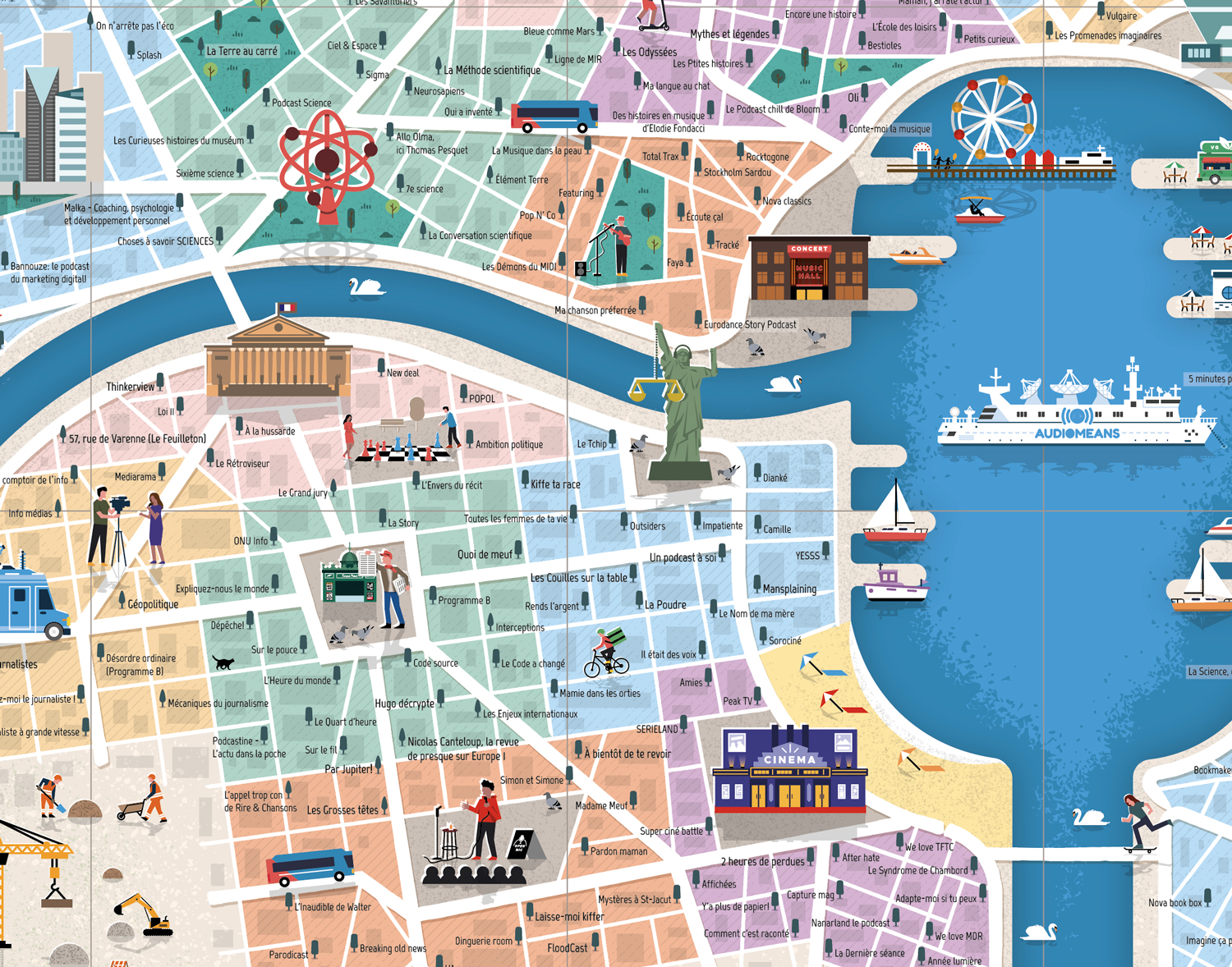 Illustrated map of fictional Podcast City - Greg Franco - Le Cartographiste