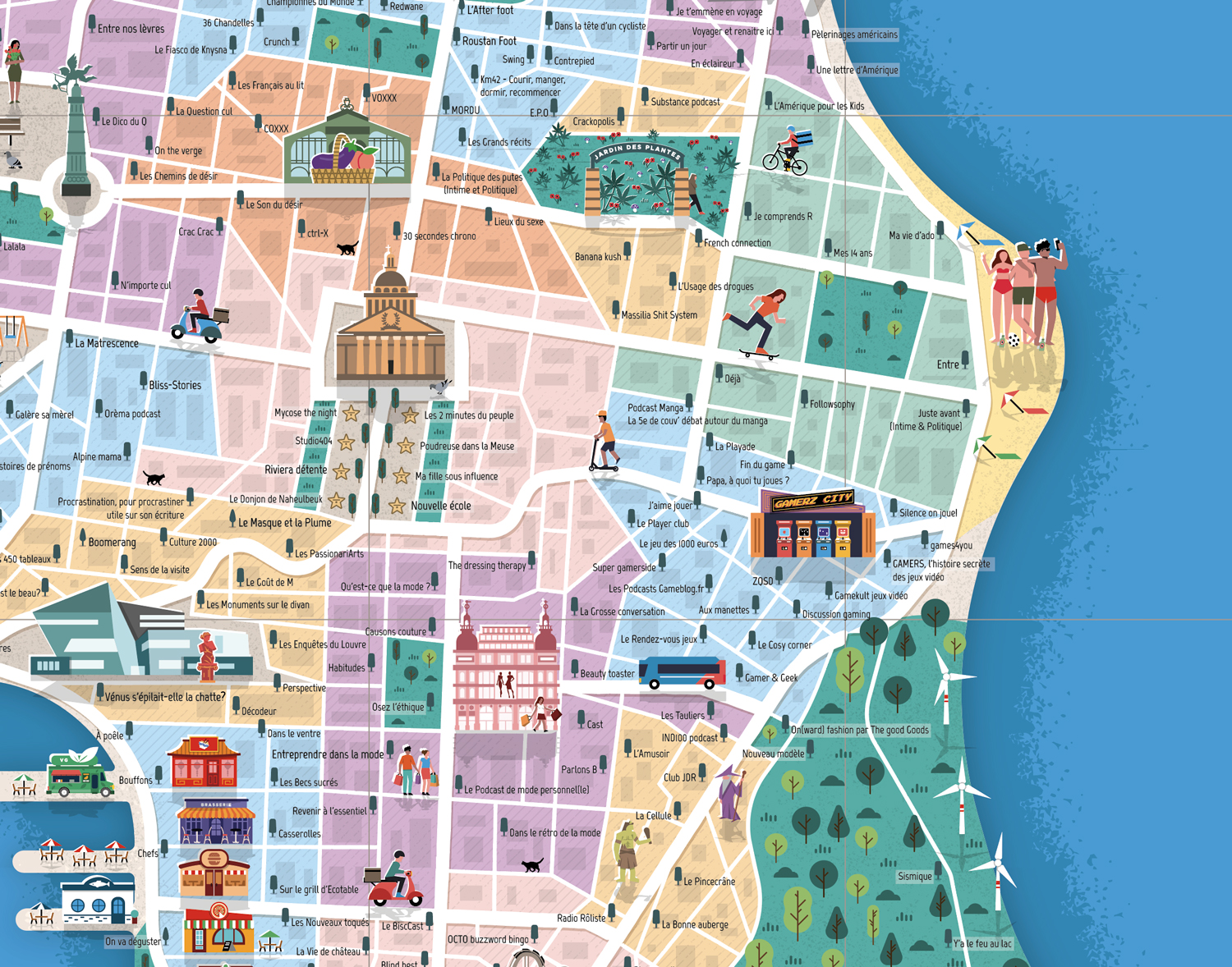 Illustrated map of fictional Podcast City - Greg Franco - Le Cartographiste