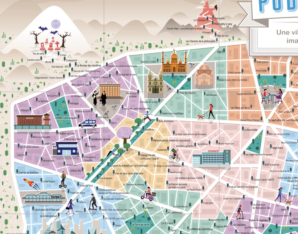 Illustrated map of fictional Podcast City - Greg Franco - Le Cartographiste